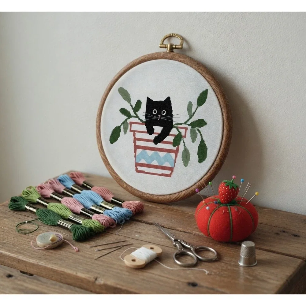 simple wave studio | Art | Cat In A Plant Pot Counted Cross Stitch ...